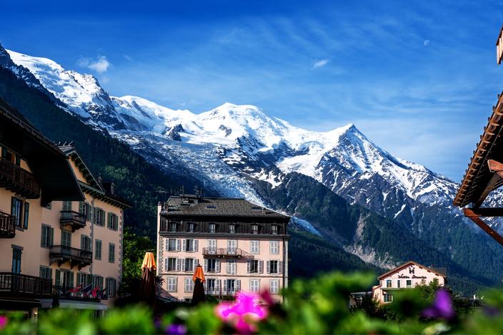 Amazing scenery of the Alps from Chamonix France. Chamonix downtown in ...